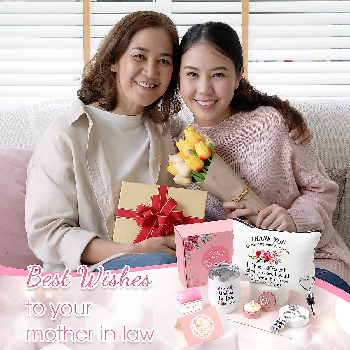 Nuanchu Mother Gift Set Birthday Gifts for Mom from Daughter Son Thank You Gift Relaxing Spa Gift Basket Makeup Bag Keychain 12 oz Wine Tumbler with Lid Straw Brush Mothers Day Gift (Mother in Law)