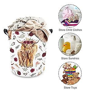 RENJUNDUN Floral Highland Cow Storage Basket Collapsible Toys Storage Box Bin Laundry Organizer for Closet Shelf Nursery Kids Bedroom, 17.3'' Hx16.5''D