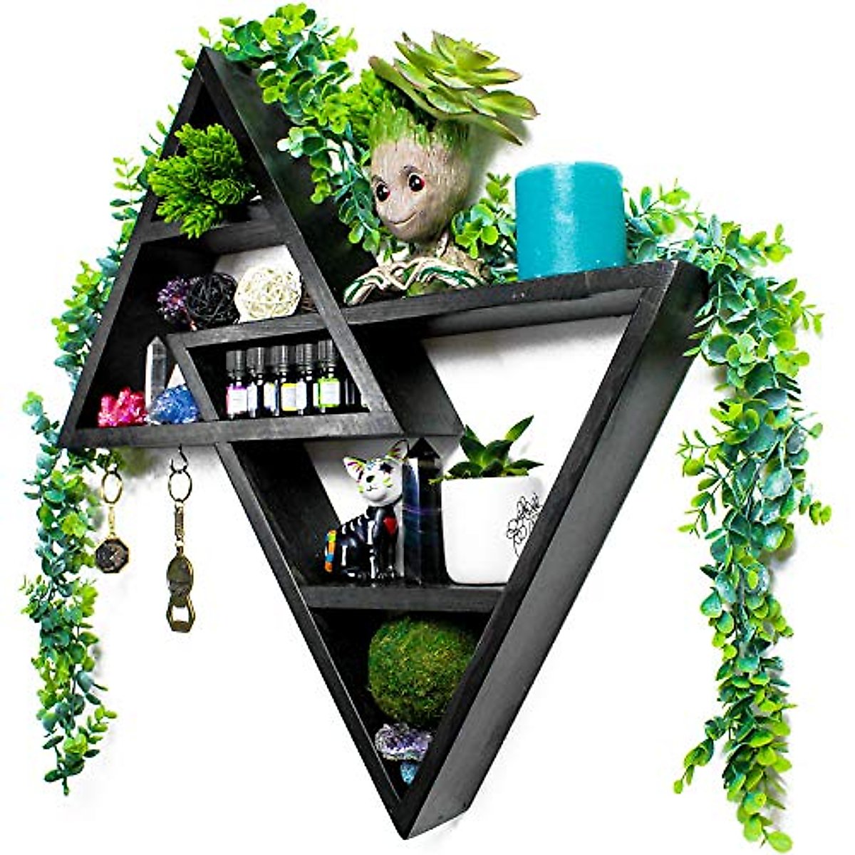 Rustic Curiosities Large Triangle Shelf - Crystal Display Altar Shelf for Stones, Essential Oils, and More 21.5 X 20 Inches (Black, Left Triangle Up)