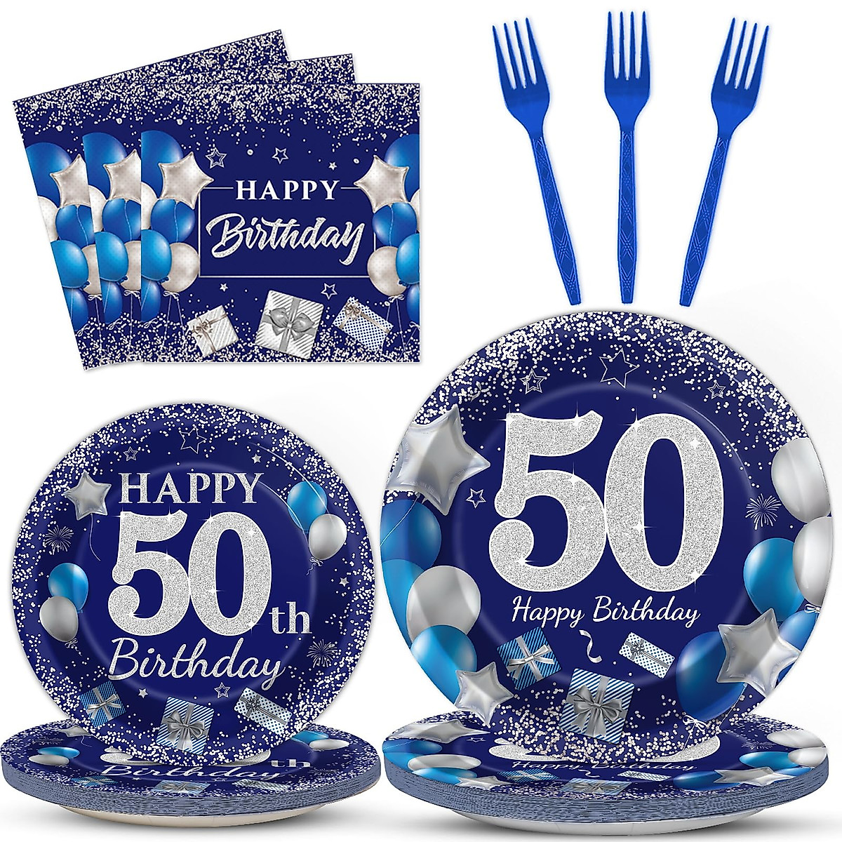 96 Pcs 50th Birthday Party Supplies Navy Blue and Silver Birthday Plates 50th Birthday Paper Tableware Happy Birthday Party Plates and Napkins Forks Blue Birthday Table Decorations for 24 Guests