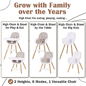 Baby High Chair, 3-in-1 Convertible Wooden High Chair with Adjustable Legs & Double Dishwasher Safe Tray, High Chairs for Babies and Toddlers, Made of Sleek Hardwood & Premium Leatherette