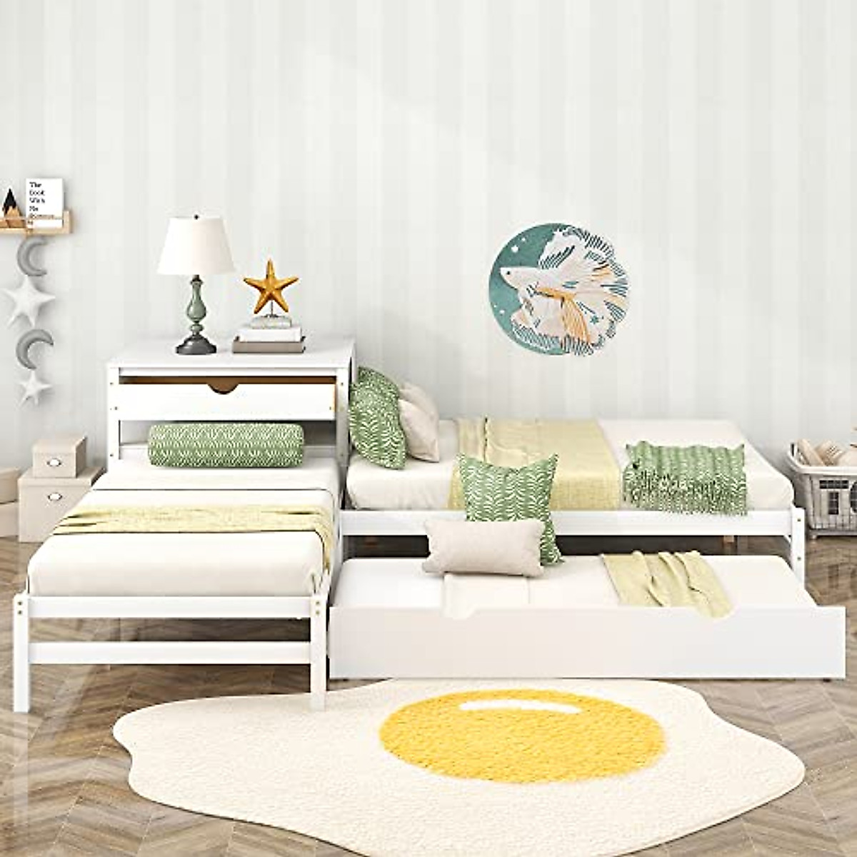 L-Shaped 2 Beds Twin Size & Full Size with Trundle Wood Platform Beds for 3 People Corner Bed Frames with Table for Kids Teens Adults, White