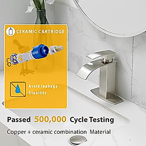 BESy Brushed Nickel Waterfall Spout Bathroom Faucet, Single Handle Bathroom Sink Faucet with Pop-up Drain, Rv Vanity Faucet with Deck Plate & Supply Hoses, Burshed Nickel, 1 or 3 Hole