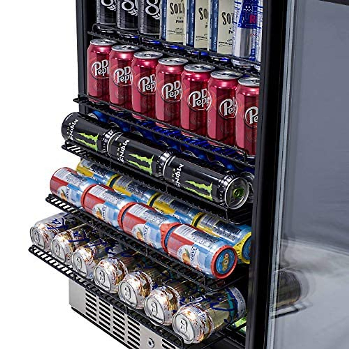NewAir | 177 Can Beverage Cooler With Glass Door | Reversible Insulated Hinge Door Mini Fridge, Adjustable Shelves, Key Lock, Stainless Steel | Built-in, Freestanding, Under Counter Refrigerator