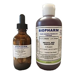 Methyl Red Indicator 0.1% w/v Aqueous Solution, 250 mL (8.4 fl oz) — Plus Convenient Dispensing Cap and Empty 2-oz Dropper Bottle
