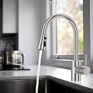 Hibbent Metal Pull Down Spray Head for Kitchen Faucet, Kitchen Sink Spray Nozzle with 15 Adapters, Faucet Head Replacement Compatible with Moen, American Standard, Delta, Kohler Faucet, Brushed Nickel