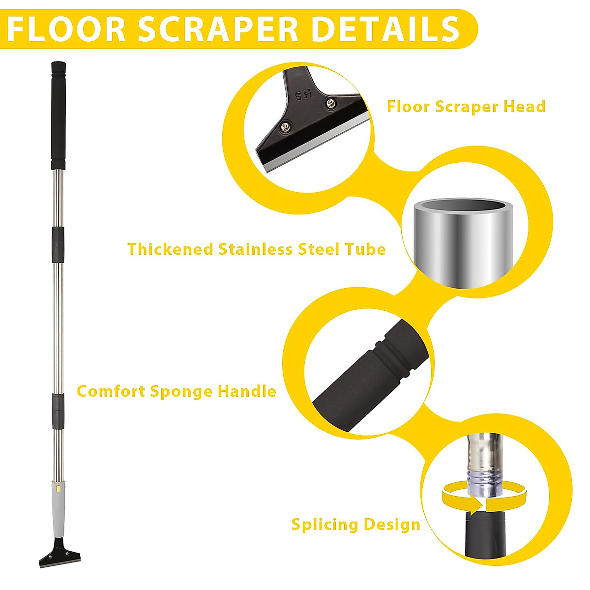 Floor Scraper Long Handle Heavy Duty, Floor Scraper Blades 4 inch scraper tool kitchen 31-61“ Thickened Steel Sharp Blades Free Extra 10PCS Metal Paint Scraper Ideal for Cleaning.(1, black)