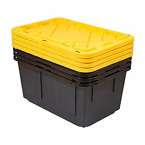 Generic (4 Pack) 27 Gallon Stackable Storage Container With Lid - Black and Yellow Storage Tote - Storage Tote
