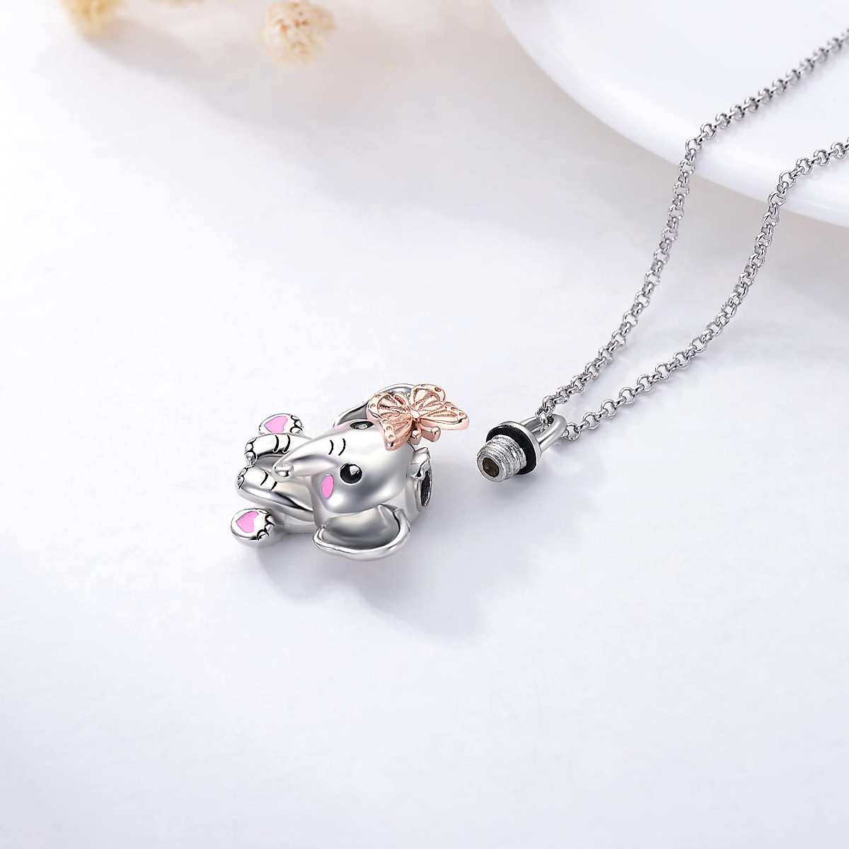 Lucky Elephant Cremation Butterfly Urn Necklace for Ashes 925 Sterling Silver Human Fur Keepsake Memorial Locket Holder Jewelry Gift for Women