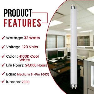 BULBMASTER F32T8/41K Fluorescent Light Bulbs 32W 48 Inch T8 F32T8 Fluorescent Tube, F32T8 841 Flourescent Bulbs, 4100K Cool White, 2800 Lumens, G13 Medium Bi-Pin Base, 4-Pack