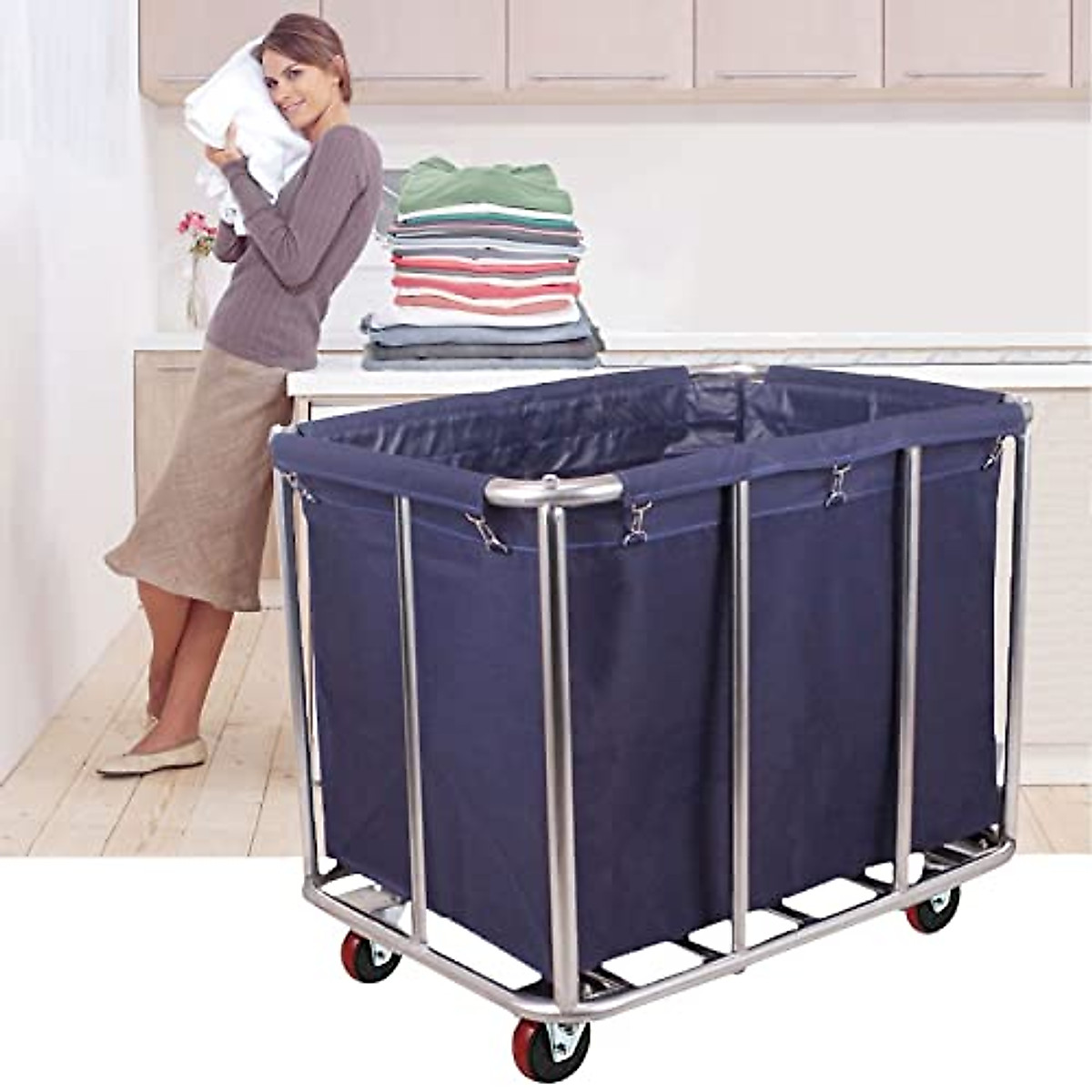 Commercial Laundry Cart, 400L large Laundry Rolling Bins with Removable Waterproof Canvas, Heavy Duty Stainless Steel Laundry Hampers with Wheels for Hotels & Hospital, 440lbs Load (blue1)