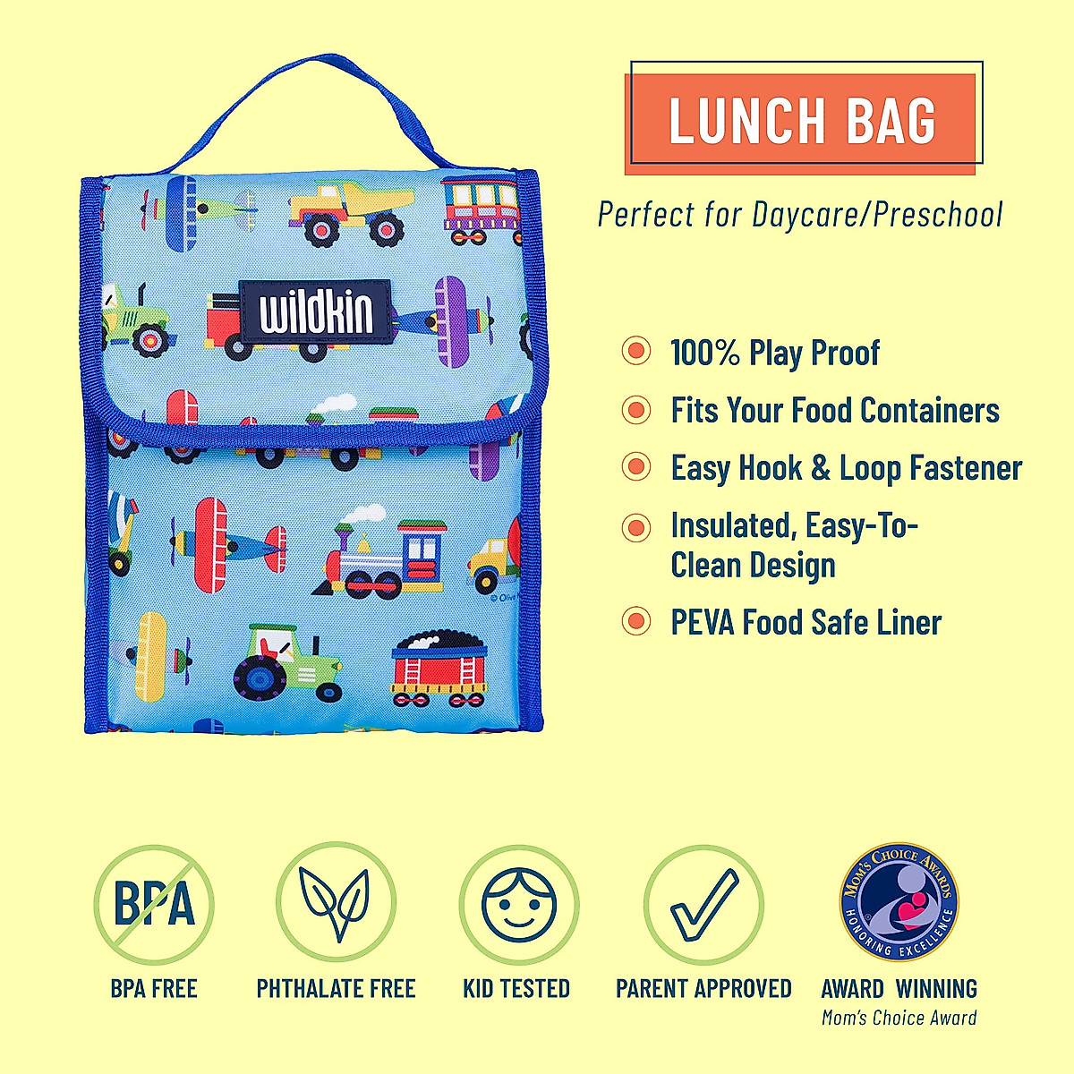 Wildkin 15 Inch Kids Backpack Bundle with Lunch Bag (Trains, Planes & Trucks)