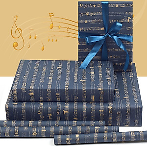 NEPOG Music Wrapping Paper, 6 Sheets Black Musical Notation Piano Score Musician Gift Wrap Folded Flat 20x28 inches per Sheet with Ribbon for Women Men Birthday Wedding Music Concert