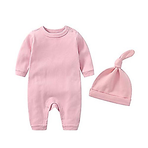 Infant Romper+Burp Cloth+Bib+Mittens+Shoes+Cap Set Breathable Healthy Fabric Tops for Baby (Pink, (0-3) month)