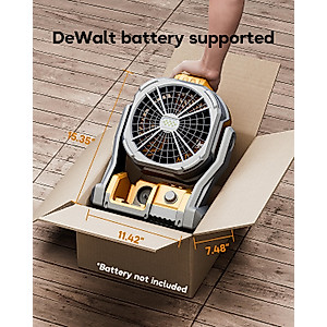 DeForce Battery Operated Fan, for DeWalt 20V Max Battery, Camping Fan Cordless, Option for Corded, with LED Lights, Variable Speed, Hook for Hanging, for Jobsite(Battery Not Included)