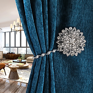 FURIJING Magnetic Crystal Curtain Tie Backs,Curtain Bling Tiebacks,Crystal Curtain Holdbacks,Tie Back Curtains Magnetic Drapery Tiebacks,Sparkling Flower Curtain Buckle Holder-FWF001Silver-2 Pack