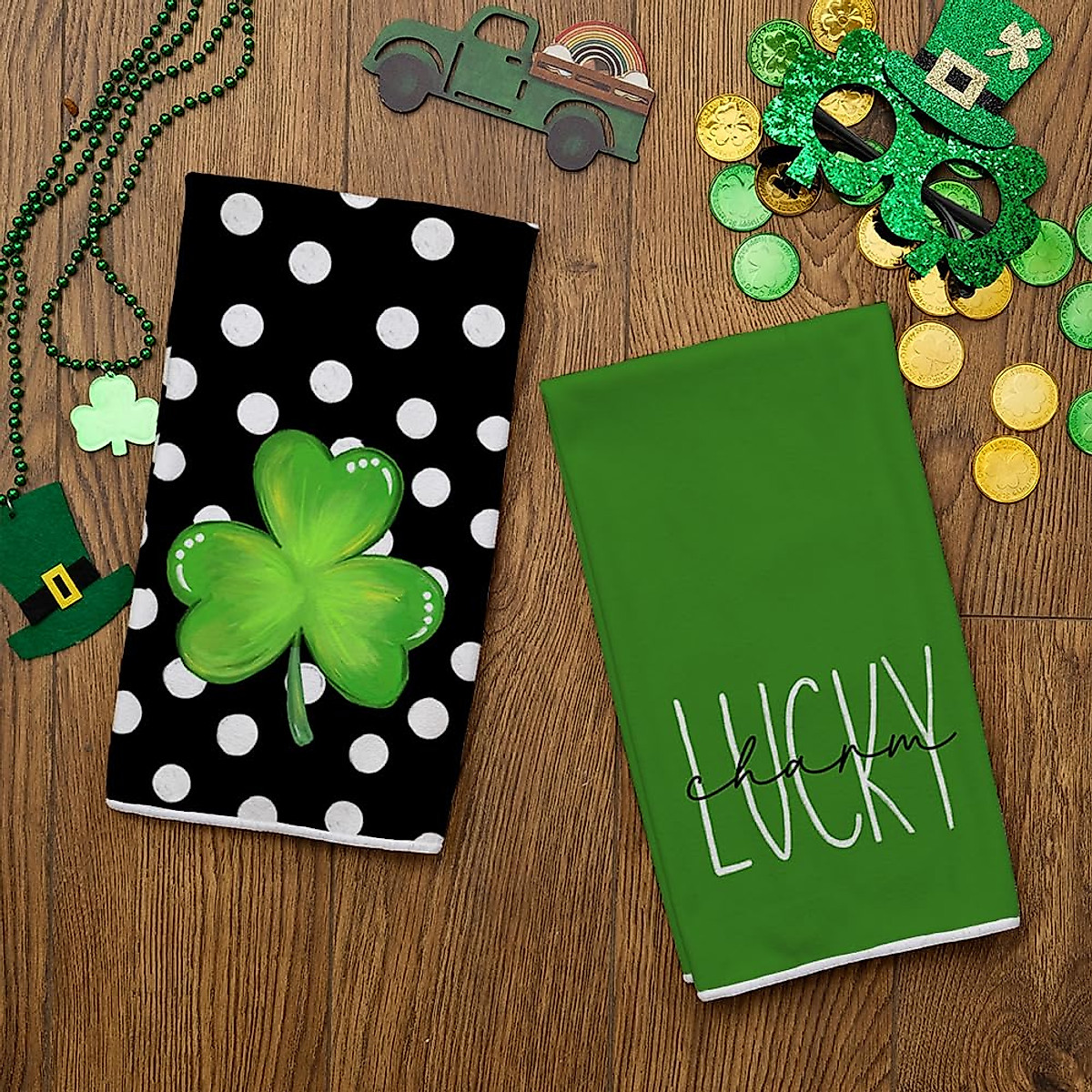 ARKENY St Patricks Day White Polka Dot Kitchen Towels Dish Towels St. Patrick's Day Decorations for Home Décor Ultra Absorbent Bar Drying Cloth 18x26 Inch Hand Towel for Cooking Set of 2