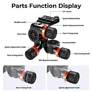 K&F Concept 3-Way Geared Tripod Head, Millimeter Micro-Adjustment, Full CNC Aluminum Alloy Tripod Head, Maximum Load Capacity of 6kg for Star Shooting, Commercial Photography, etc.
