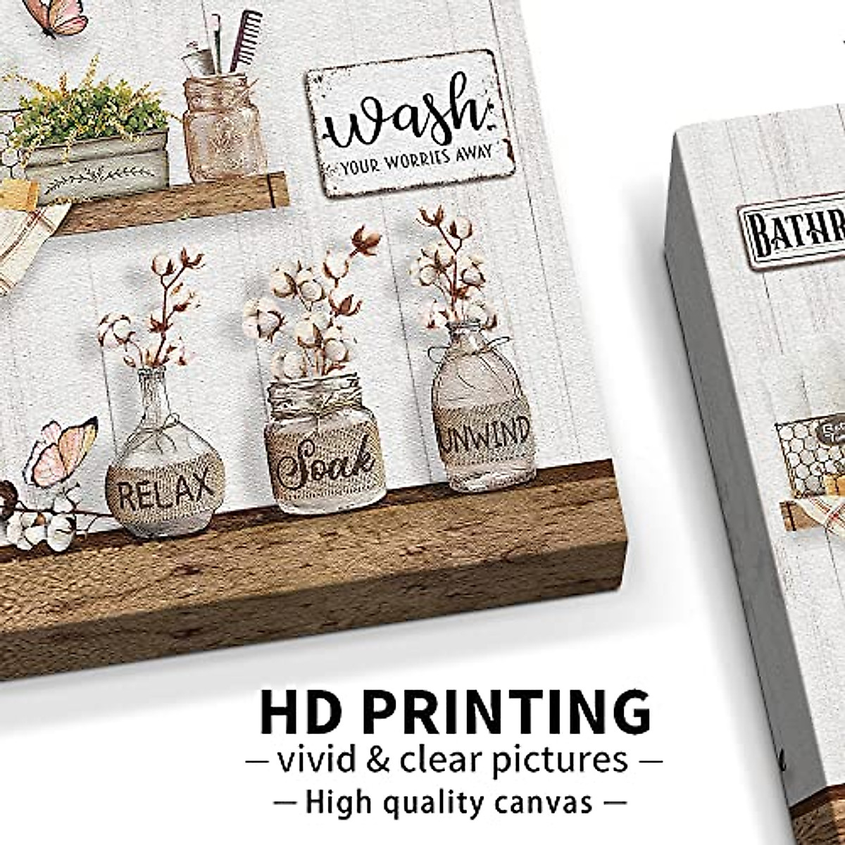 RUDIXICO Farmhouse Bathroom Decor Wall Art Rustic Flower and Butterfly Bathroom Pictures Canvas Print Country Bathroom Wall Decor Soak Relax Unwind Bathroom Wall Art Framed Ready To Hang 12"x16"