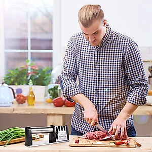 FoodVille KS04 Knife Sharpener for Kitchen Knife Pocket Knife Hunting Knives Including Straight Blades and Scissors (4 Slots) (Black)