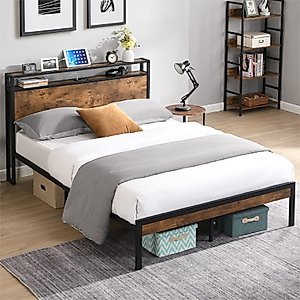 QKFF Full Size Bed Frame, Metal Bed Frame with Wooden Storage Headboard Outlet & USB Port, Solid and Stable, Noise Free, No Box Spring Needed (Full)