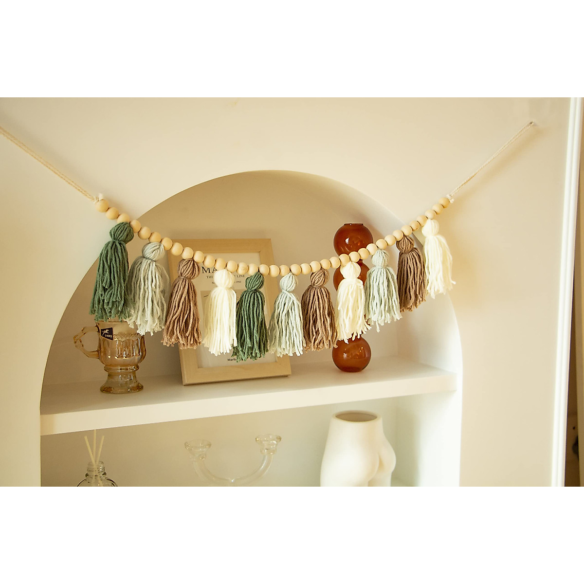 Decocove Tassel Garland - Boho Tassel Garland with Wood Beads - Wall Decor for Dorm, Girls Room and Nursery Room - Olive Green (36 inch)