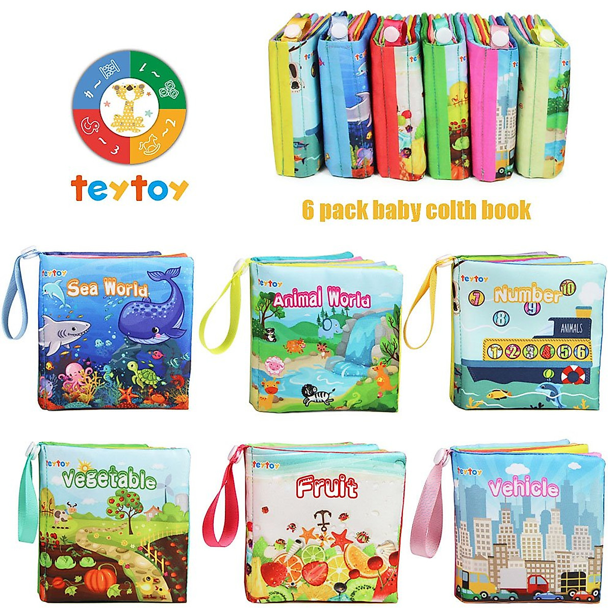 My First Soft Book,teytoy Nontoxic Fabric Baby Cloth Books Early Education Toys Activity Crinkle Cloth Book for Toddler, Infants and Kids Perfect for Baby Shower -Pack of 6