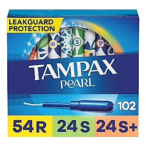 Tampax Pearl Tampons Multipack, Regular/Super/Super Plus Absorbency, With Leakguard Braid, Unscented, 34 Count x 3 Packs (102 Count total)