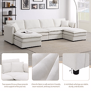 Modern 6-Seat Chenille Modular Sectional Sofa for Living Room, U-Shaped Cloud Couch Set with Double Cushions,Ottomans Cream