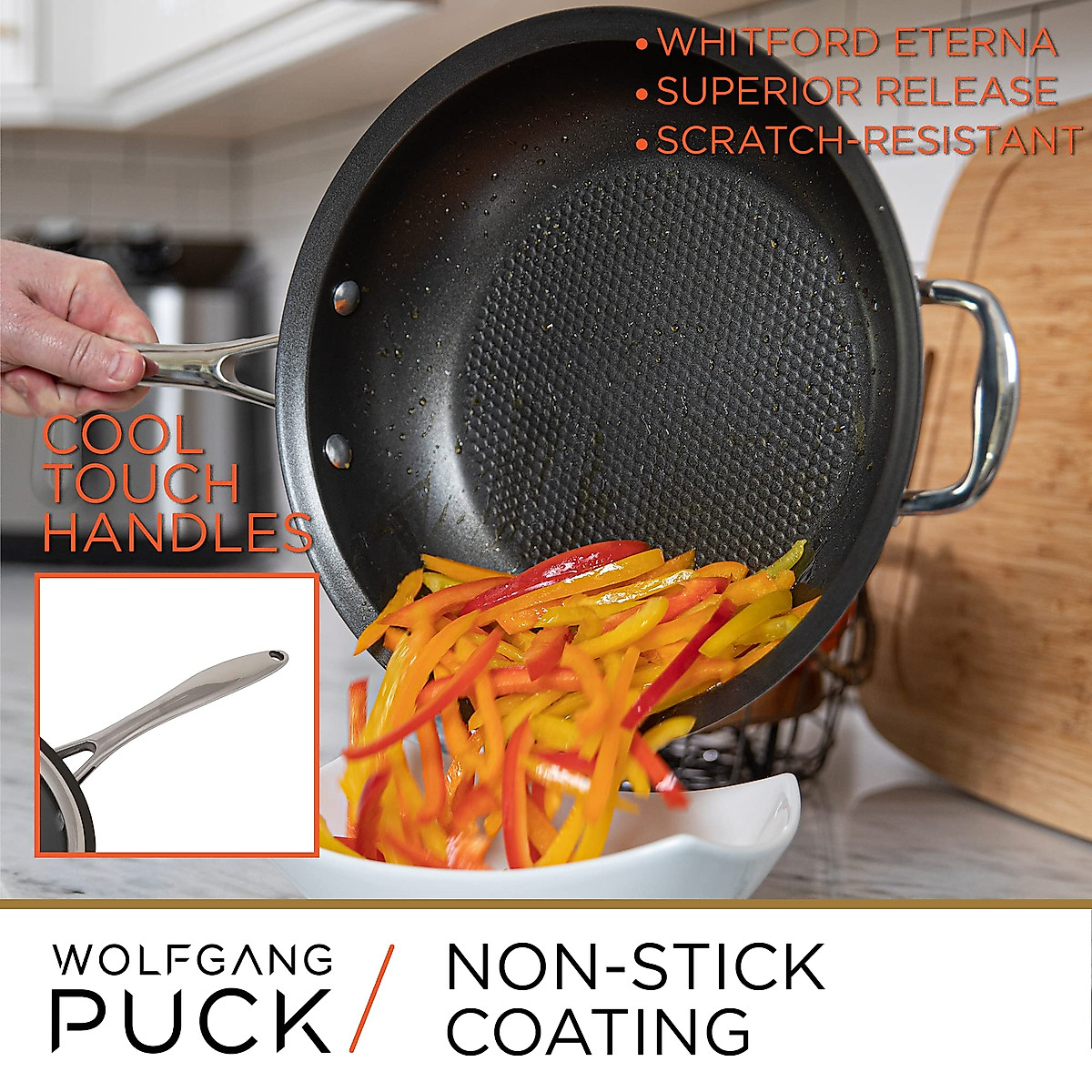 Wolfgang Puck 9-Piece Stainless Steel Cookware Set; Scratch-Resistant Non-Stick Coating; Includes Pots, Pans and Skillets; Clear Lids and Cool Touch Handles, Extra-Wide Rims for Easy Pouring