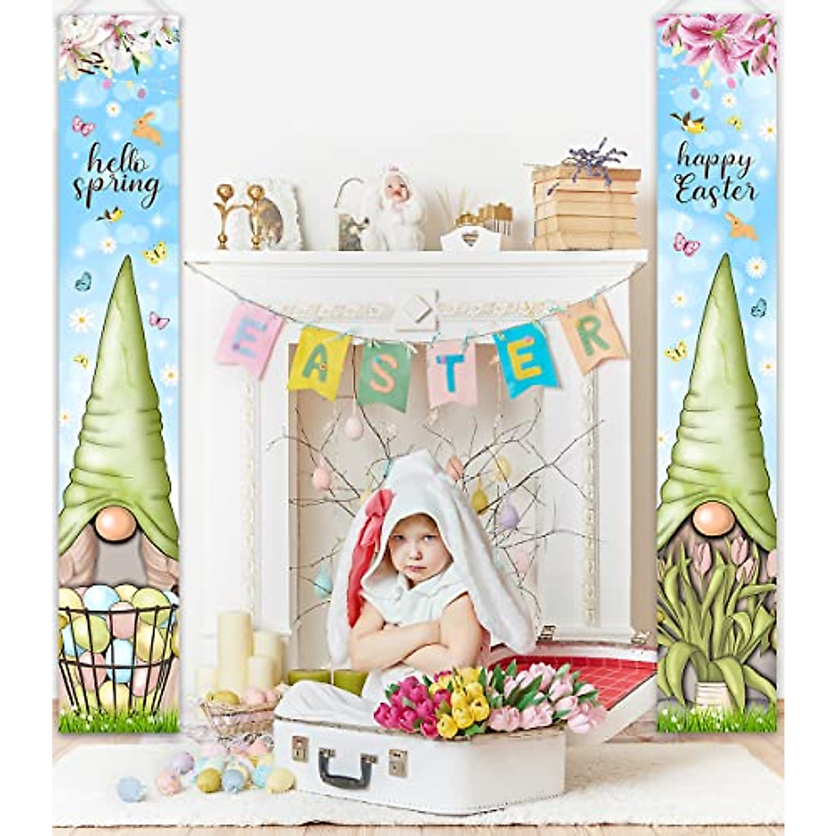 Easter Porch Sign Banner-Easter Gnomes Decoration Hello Spring Happy Easter Door Hanging Banner Outdoor Easter Party Supplies Photo Props for Porch