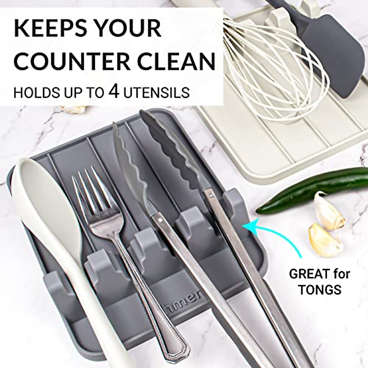 UHMER Silicone Utensil Rest with Drip Pad, Large Spoon Rest for Stove Top, Kitchen Spoon Holder for Multiple Utensils, BPA-Free & Heat Resistant Spatula Holder (Dark Gray)