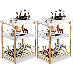Garden 4 you End Table 2PC Side Table 3 Tiers White Marble Nightstand Industrial Retro Storage Shelf for Living Room Bedroom Kitchen Family and Office,Stable Wood and Metal Frame