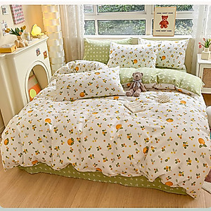 Generic 100% Cotton Duvet Cover and 2pc Pillowcases Twin Queen King Full Size Orange Fruit Print Bed Linen Bedding Home Textile with Zipper Closure and 4 Tiers (King), Green