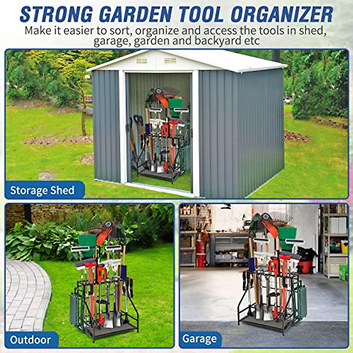 Garden Tool Organizer for Garage, Garden Tool Rack, Tool Organizers and Storage, up to 58 Long-Handled Tools, Garage Organizer, Yard Tool Holder for Garage, Shed, Outdoor, Garden tool stand, Black