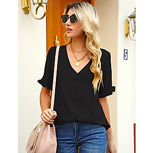 luvamia Women's V Neck Button Down Shirts Ruffle Short Sleeve Blouses Cute Summer Tops Black Size Large Size 12 Size 14