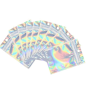 100 Pack Holographic Mylar Bags Smell Proof Resealable Pouch Bag Aluminum Foil Packaging Clear Front Ziplock Bag 2.8 x 3.9 inch for Food Jewelry