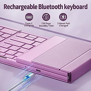seenda Foldable Bluetooth Keyboard for Travel, Portable Wireless Folding Keyboard with Number Pad, Full-Size Rechargeable Keyboard for Laptop Tablet PC Mac Windows iOS Android - Purple Pink