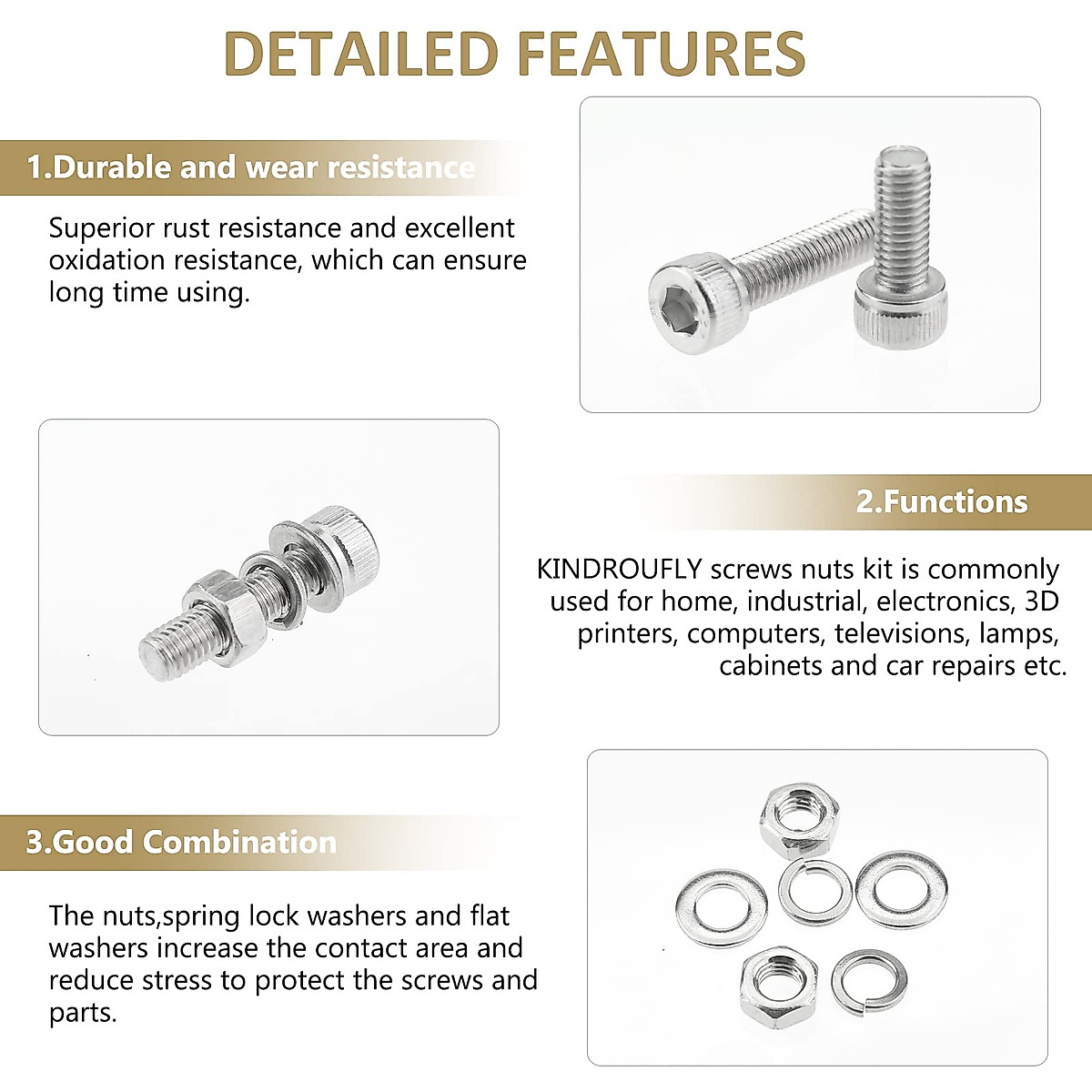 Kindroufly 242 Pieces M5 x 6/8 /10/12 /16/20 /25mm Hex Socket Head Cap Screws Nuts Washers Assortment Kit, 304 Stainless Steel, Fully Machine Thread