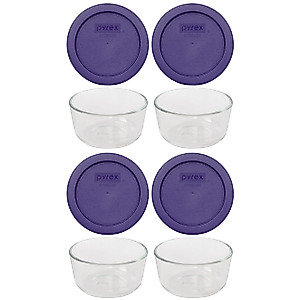 Pyrex (4 7202 Glass Bowls & (4) 7202-PC Plum Purple Lids Made in the USA