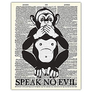 3 Wise Monkeys Dictionary Wall Art Prints: Unique Room Decor for Boys, Men, Girls & Women - Set of Three (8x10) Unframed Pictures - Great Gift Idea