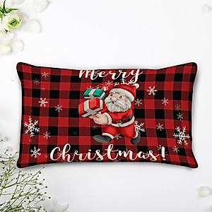 Farmhouse Cotton Linen Cushion Cover with Zipper 14x24in Red and Black Buffalo Plaid Merry Christmas Santa Claus Pillow Case Throw Pillow Cover for Living Room Bedroom Decor Xmas Gifts for Friend