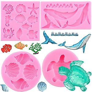 LKDQUTHM Marine Theme Fondant Silicone Molds Seashell Conch Starfish Dolphin Octopus Turtle Chocolate Candy Mold For Cupcake Topper Cake Decorating Gum Paste Polymer Clay Set Of 4