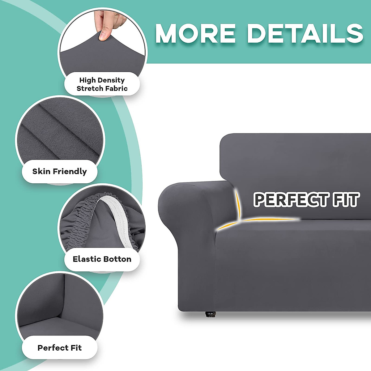 CWK Stretch Couch Covers for 3 Cushion Couch Sofa Spandex Non-Slip Soft Couch Sofa Cover Slipcovers,Furniture Protector with Non Skid Foam and Elastic Bottom for Kids,Dogs(Large,Dark Grey)