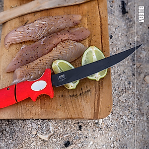 BUBBA 7" Tapered Flex Folding Knife with Non-Slip Grip Handle, Offset Full Tang Stainless Steel Blade, Lanyard Hole and Synthetic Sheath for Fishing