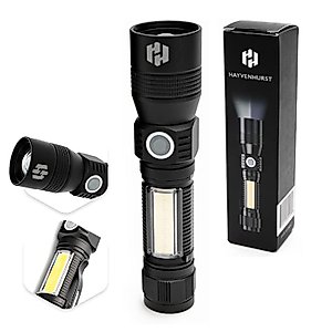 Hayvenhurst LED Flashlight - EDC Flashlight - Tactical Flashlight - 3 in 1 Lightweight, Compact and Rechargeable Pocket Flashlight with Lavish Black Body for Emergency Power Outage