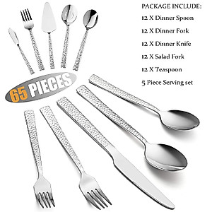 65-Piece Silverware Set with Serving Pieces, E-far Stainless Steel Hammered Flatware Eating Utensils Service for 12, Modern Tableware Cutlery Set with Square Edge, Mirror Polished, Dishwasher Safe