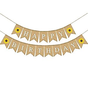 SWYOUN Burlap Happy Birthday Banner with Sunflower Birthday Party Bunting Garland