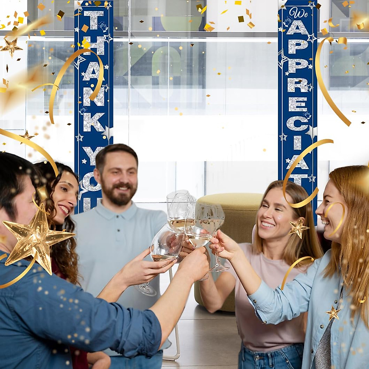 We Appreciate You Banner Decorations Thank You Door Banner Thank You for All You Do Backdrop for Teacher Employee Staff Doctors Nurse Poaster Volunteer Appreciation Week Party Porch Sign - Blue Silver