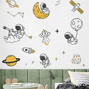 ROFARSO Wall Stickers Astronaut Planet Outer Space Stars DIY Vinyl Removable Large Wall Decals Art Decorations Decor for Kids Boys Bedroom Living Room Playing Room Murals